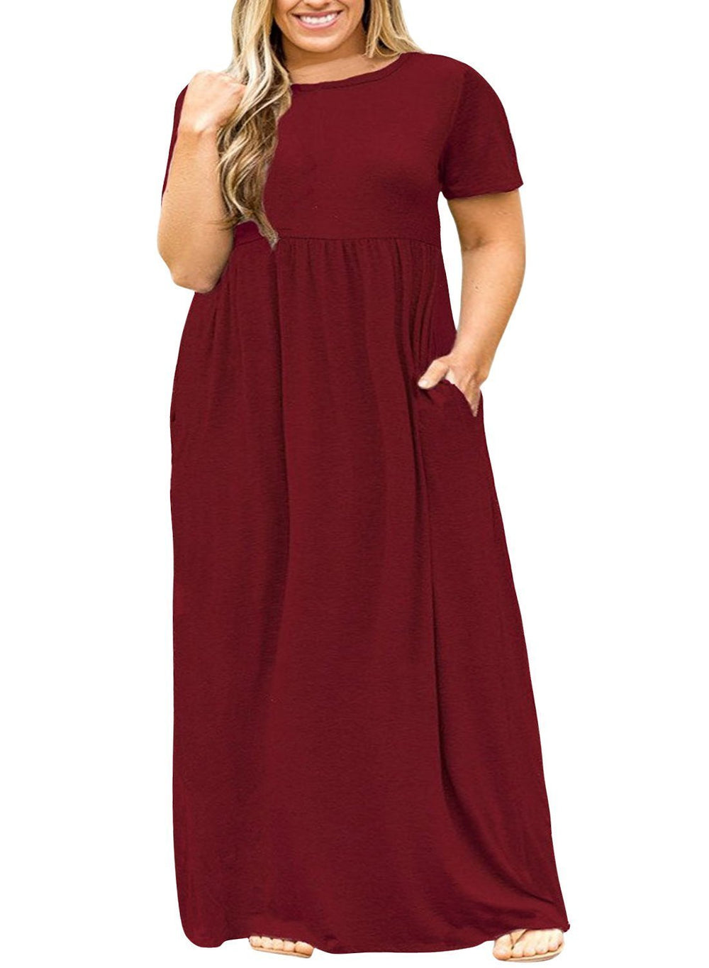 POSESHE Plus Size Short Sleeve Maxi Dress with Pockets | Casual ...